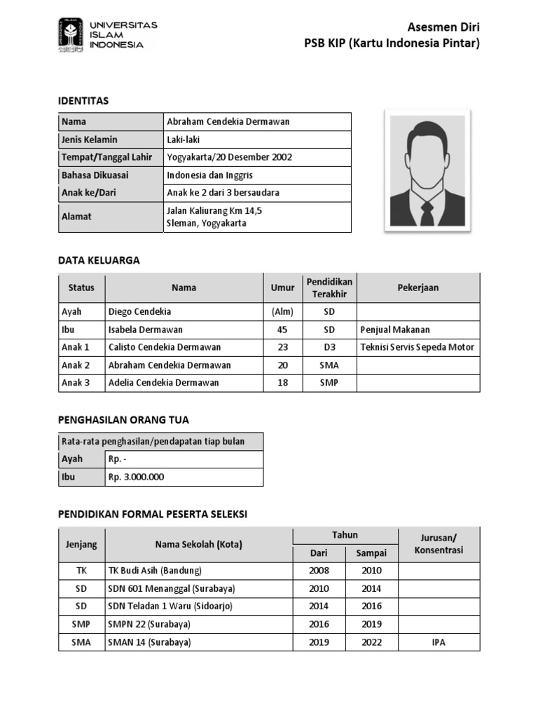Contoh Isian - Asesmen Diri PSB Beasiswa KIP | PDF