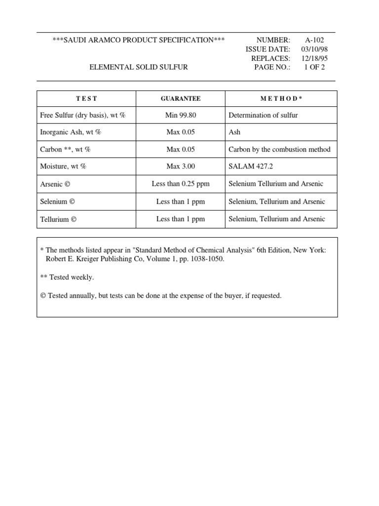 Saudi Aramco Product Specification for Elemental Solid Sulfur | PDF ...