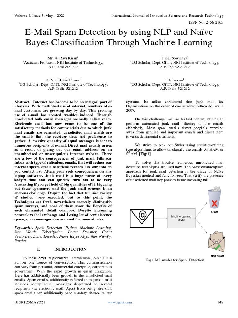 E-Mail Spam Detection by Using NLP and Naïve Bayes Classification Through Machine Learning | PDF ...
