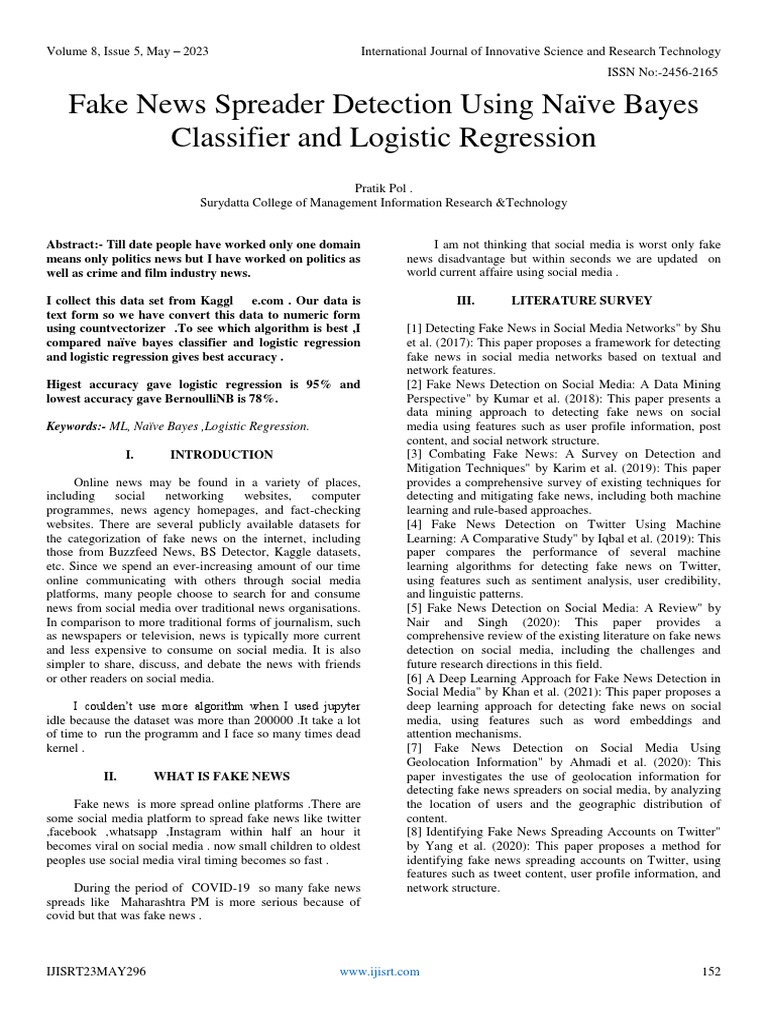 Fake News Spreader Detection Using Naïve Bayes Classifier and Logistic ... Fake News Spreader Detection Using Naïve Bayes Classifier and Logistic ...