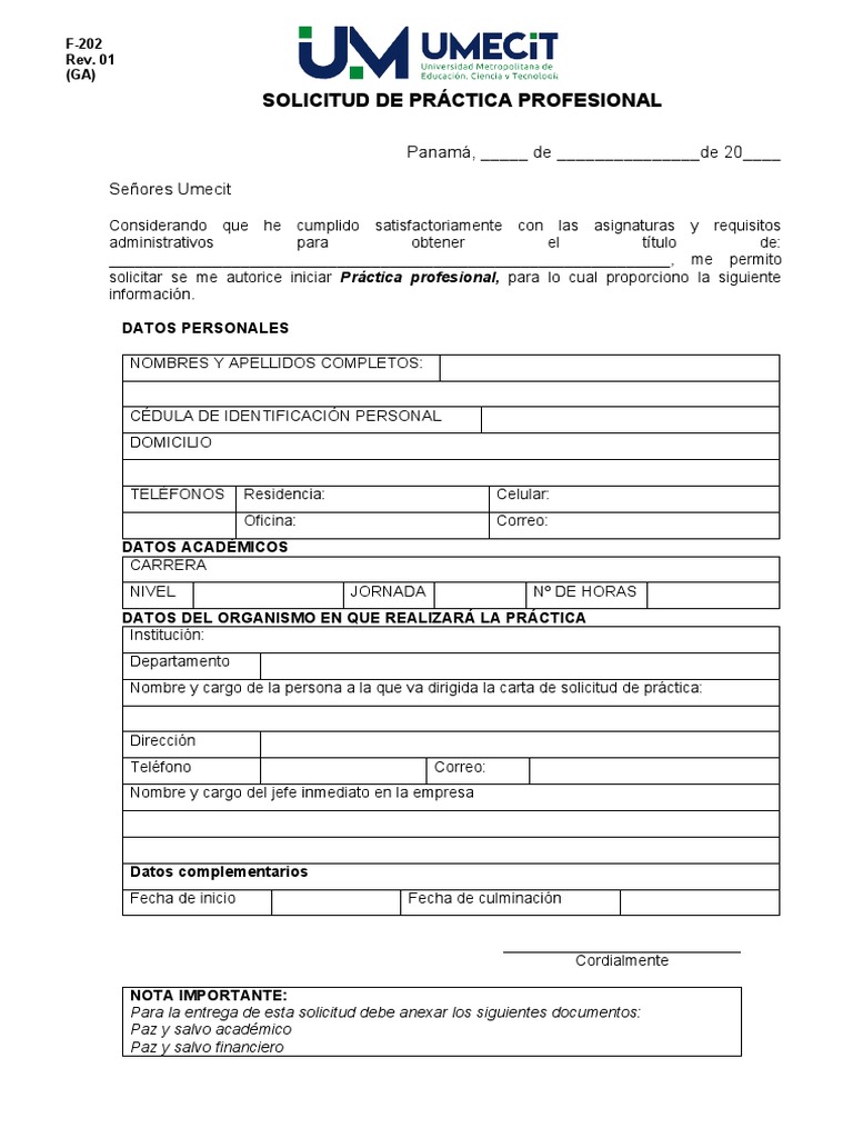 F-202 SOLICITUD DE PRÁCTICA PROFESIONAL (1) | PDF