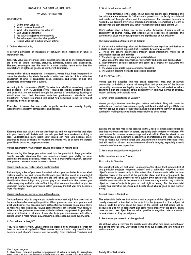 Values Formation (Most Recent) | PDF | Family | Decision Making