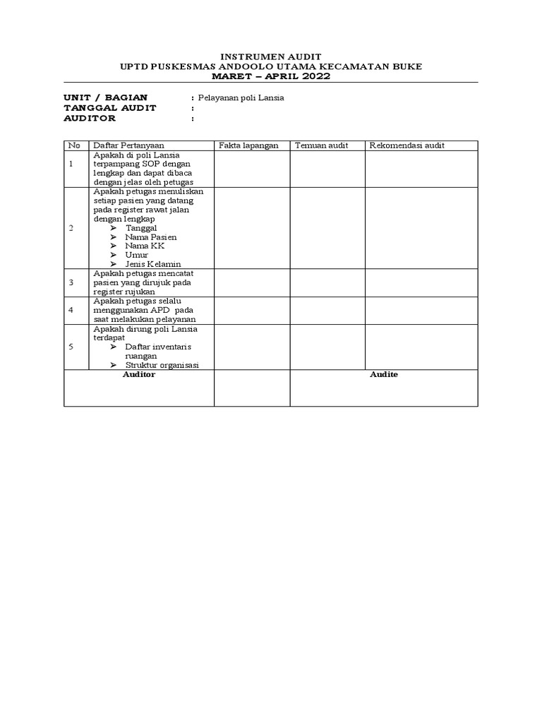 INSTRUMEN AUDIT Lansia | PDF | Ilmu Sosial | Sains & Matematika