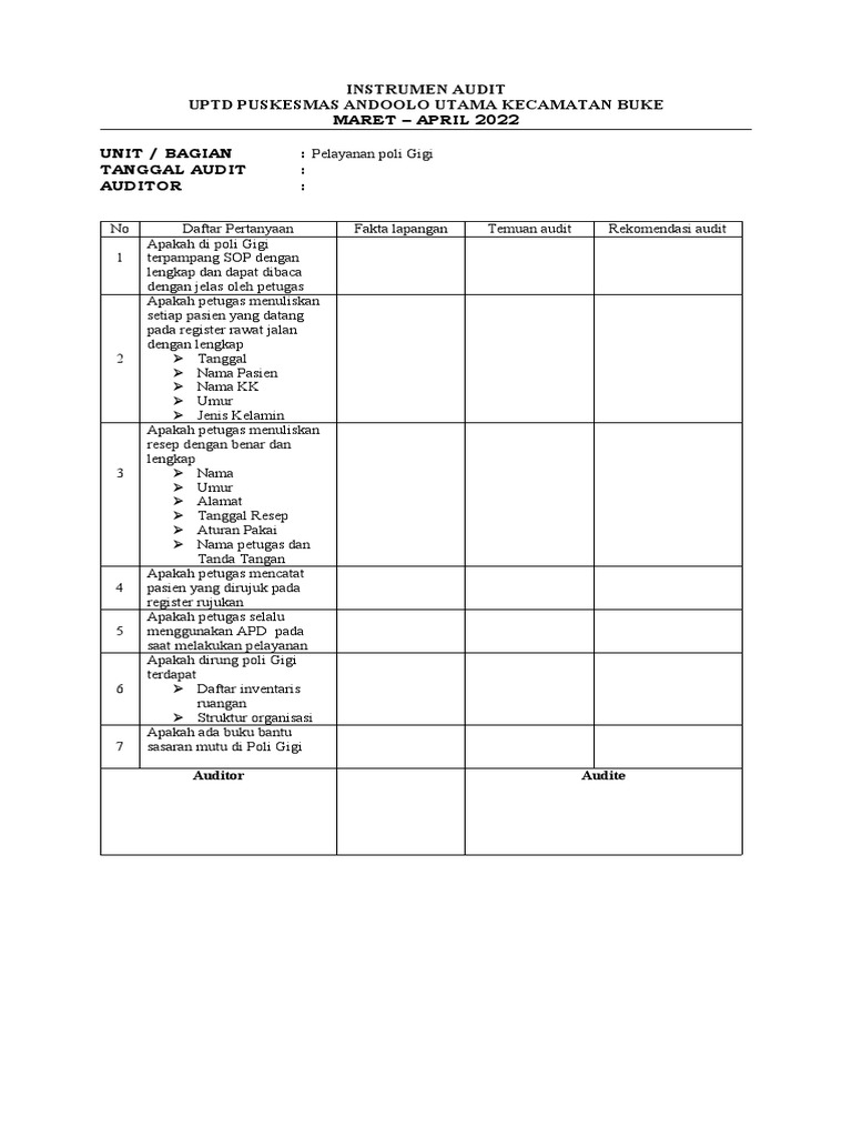 INSTRUMEN AUDIT Poli Gigi | PDF