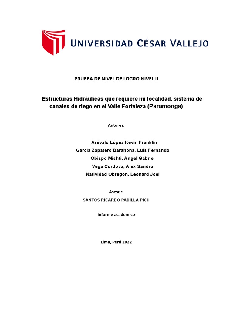 PRUEBA DE NIVEL DE LOGRO NIVEL 2 Obras Hidraulicas | PDF | Agricultura | Riego