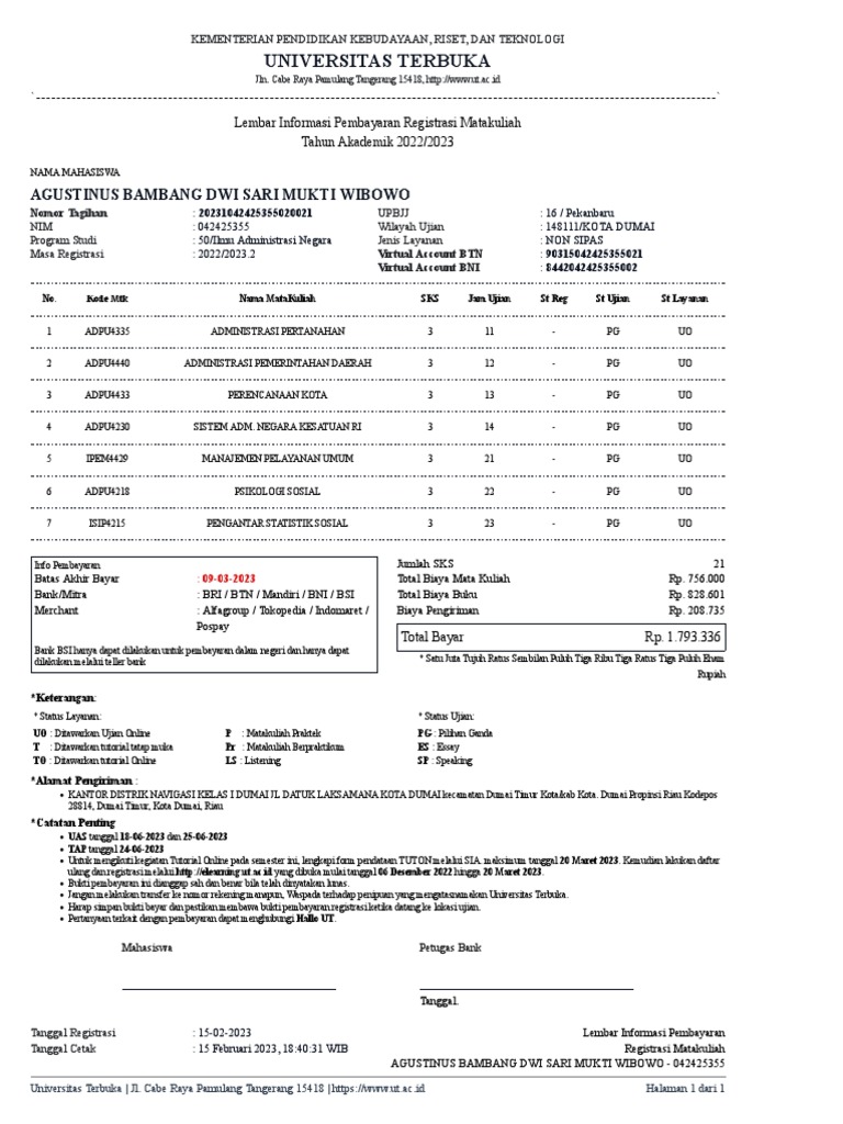 Billing Registrasi Matakuliah - BAS WIWID SMS V | PDF