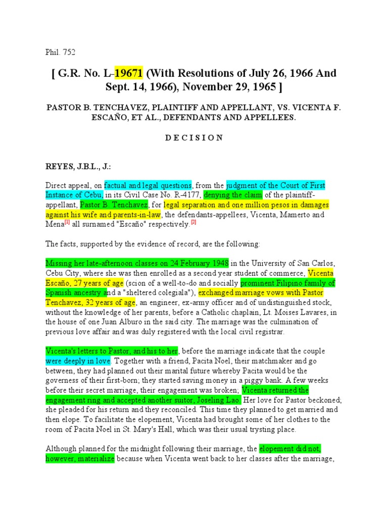 Tenchavez v. Escaño Legal Separation Case | PDF | Divorce | Marriage
