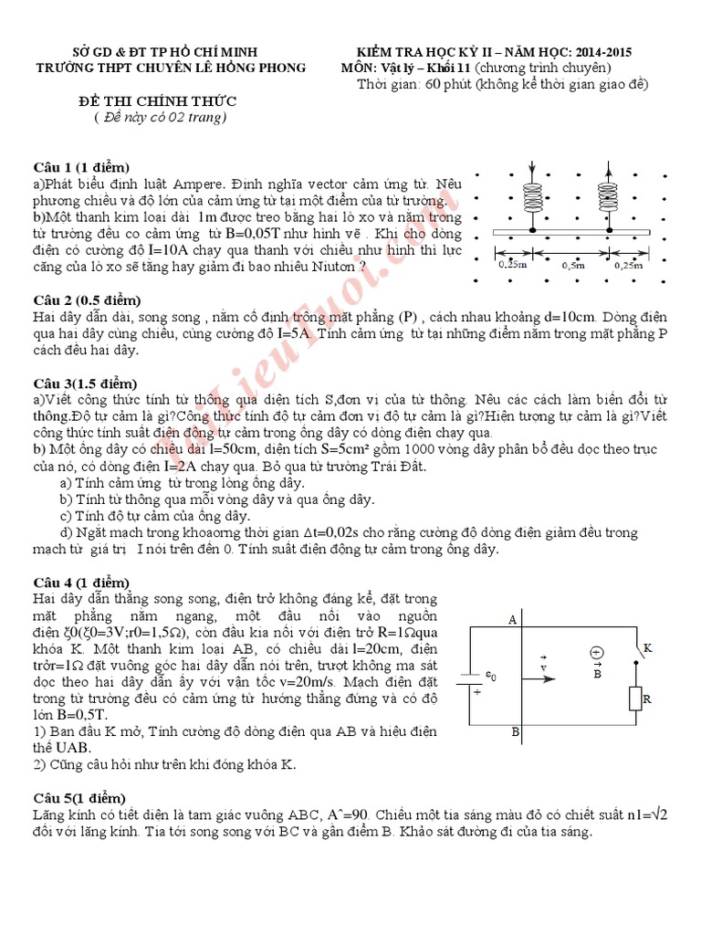 Đề kiểm tra HK 2 môn Vật lý lớp 11 năm 2015 - THPT Chuyên Lê Hồng Phong (download tai tailieudep ...