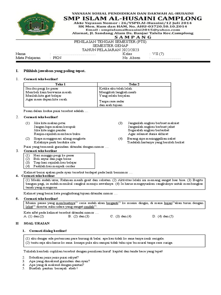 Soal PTS PKN Kelas 7 | PDF