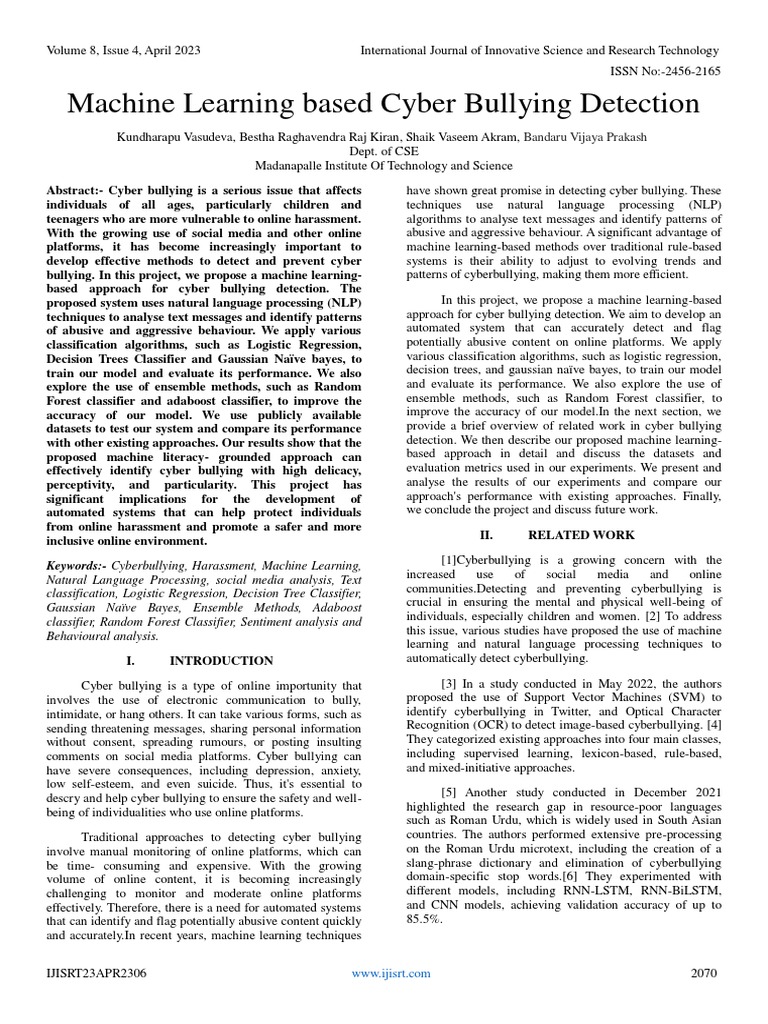Machine Learning Based Cyber Bullying Detection | PDF | Machine ...