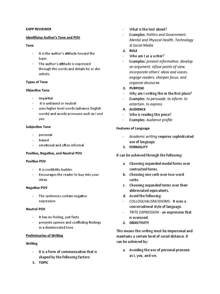 Analyzing Tone, Point of View, Language Features, and Sound Reasoning in Academic Writing | PDF ...