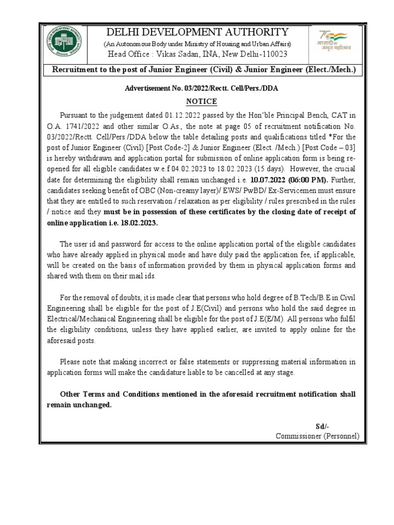 DDA Recruitment 2023 Reopen Notice | PDF | Justice | Crime & Violence
