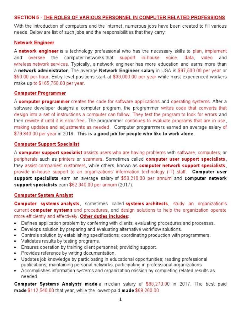 Section 5 - The Roles of Various Personnel in Computer Related ...