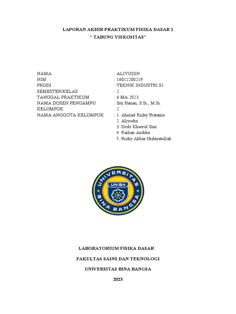 Laporan Akhir Praktikum Fisika Dasar 1 " Tabung Viskositas" | PDF