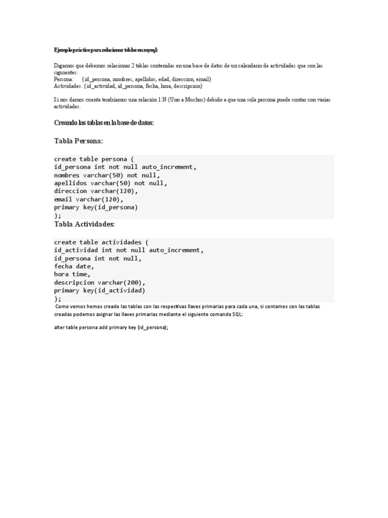 Ejemplo Práctico para Relacionar Tablas en Mysql | PDF