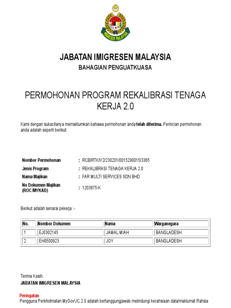 Permohonan Program Rekalibrasi Tenaga KERJA 2.0: Jabatan Imigresen ...