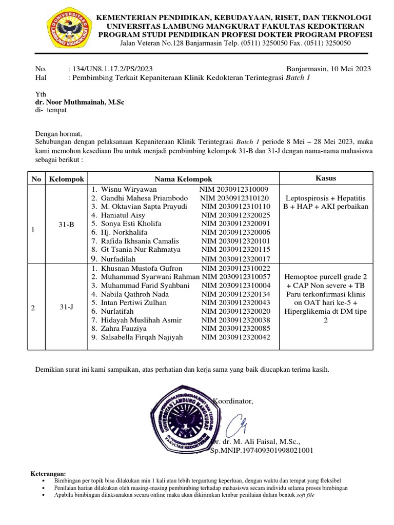 Surat Pembimbing Penunjang Batch 1 KKT 2023 PDF | PDF