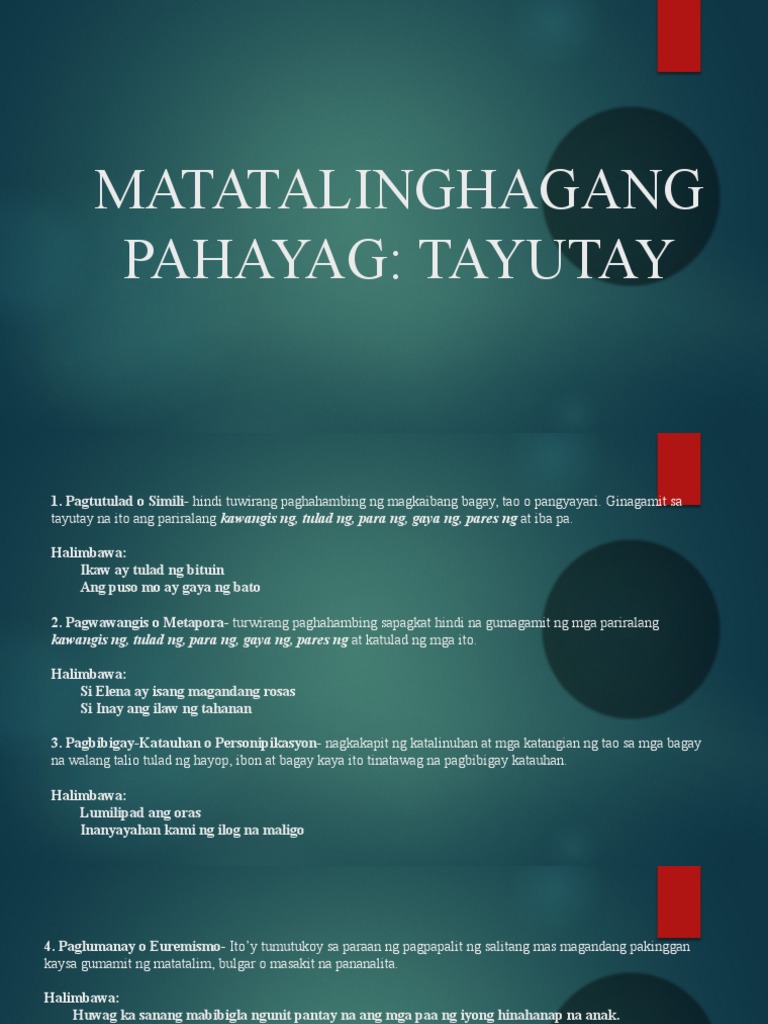 Matatalinghagang Pahayag Tayutay | PDF Matatalinghagang Pahayag Tayutay | PDF