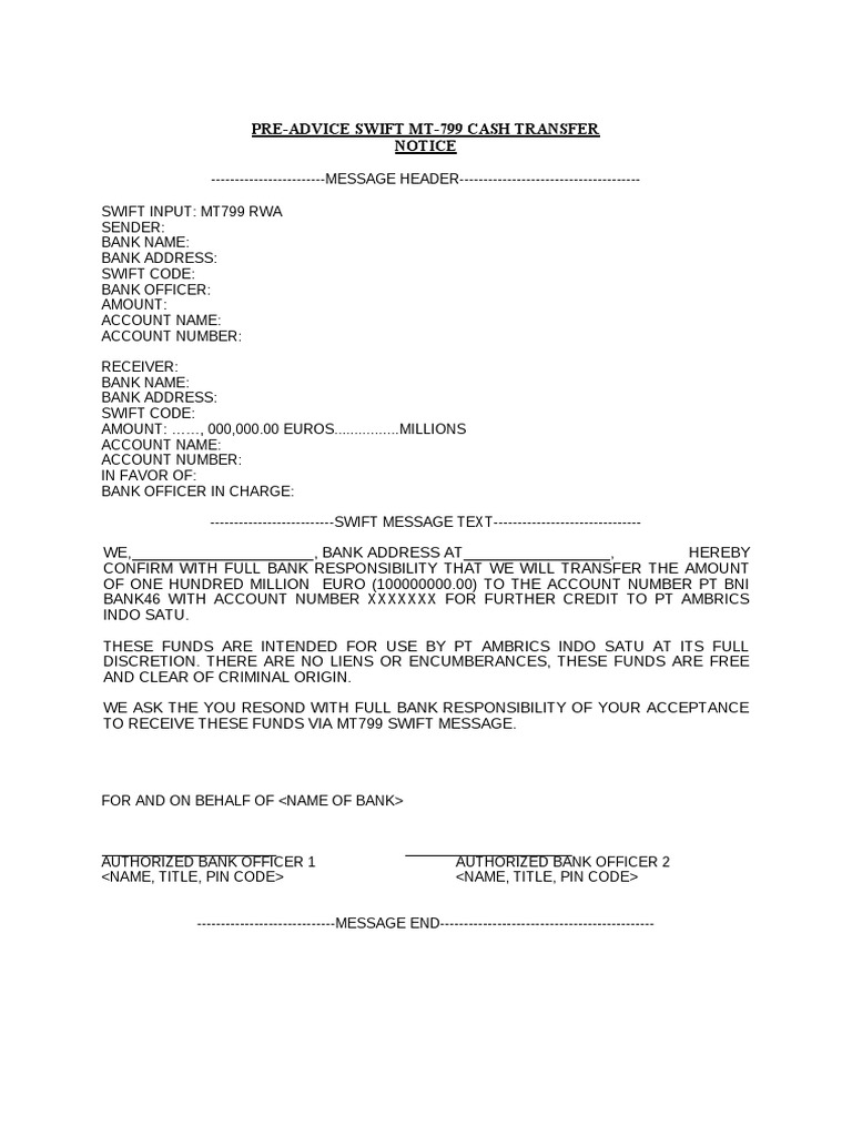 SWIFT MT-799 Cash Transfer Notice | PDF | Letter Of Credit | Banking