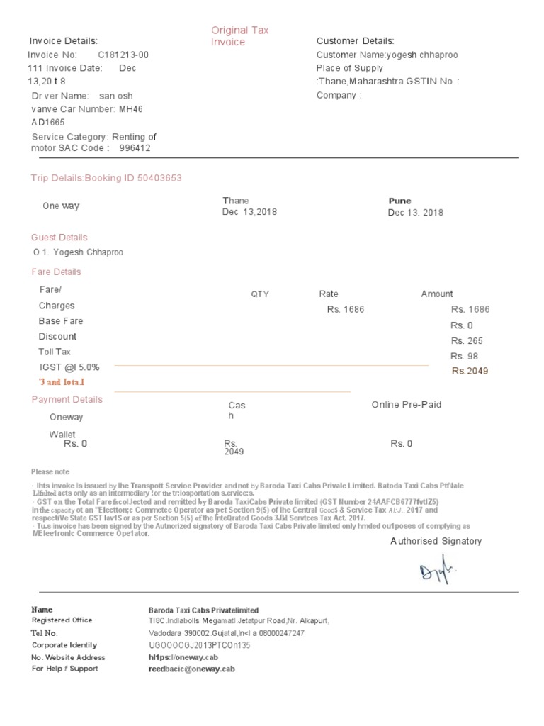 Ola Taxi Invoice for Pune Trip | PDF