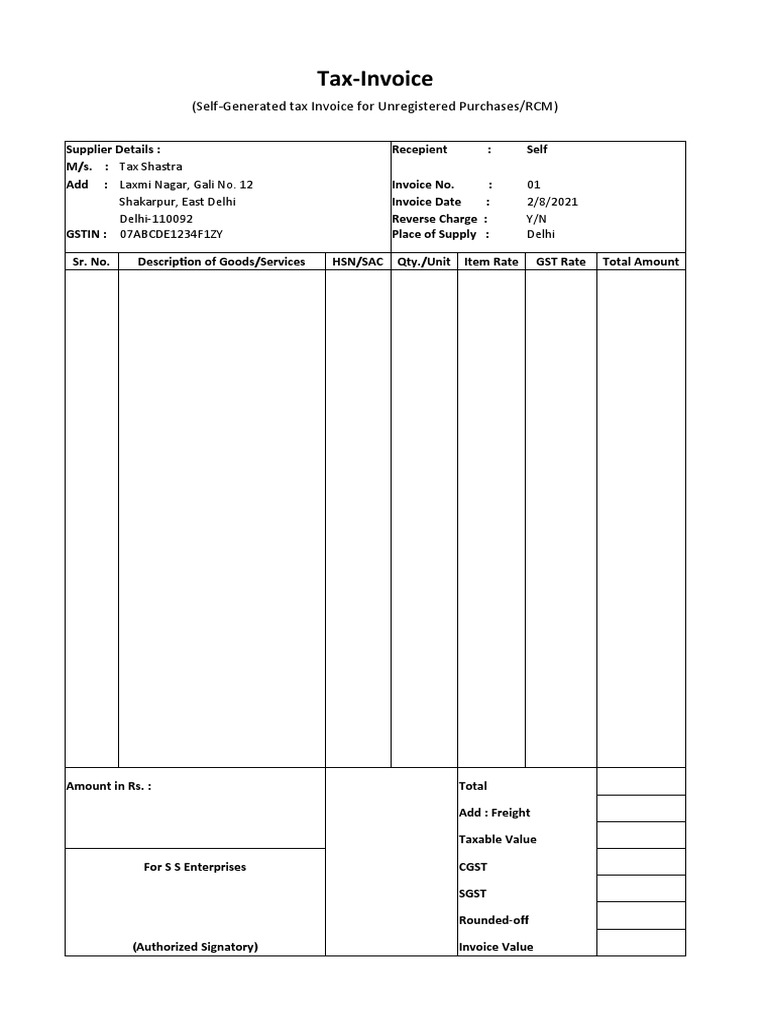 Self Invoice Format For Unregistered PurchasesRCM | PDF | Finance & Money Management