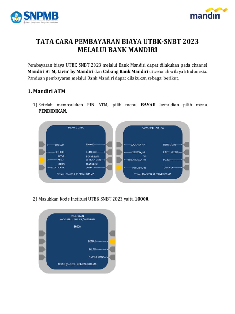 Tata Cara Pembayaran Biaya UTBK-SNBT 2023 - Bank Mandiri | PDF