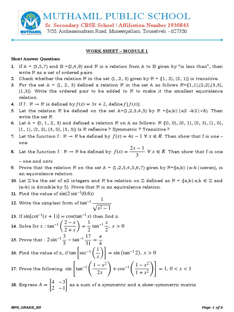 M1 Work Sheet PDF | PDF | Abstract Algebra | Functions And Mappings