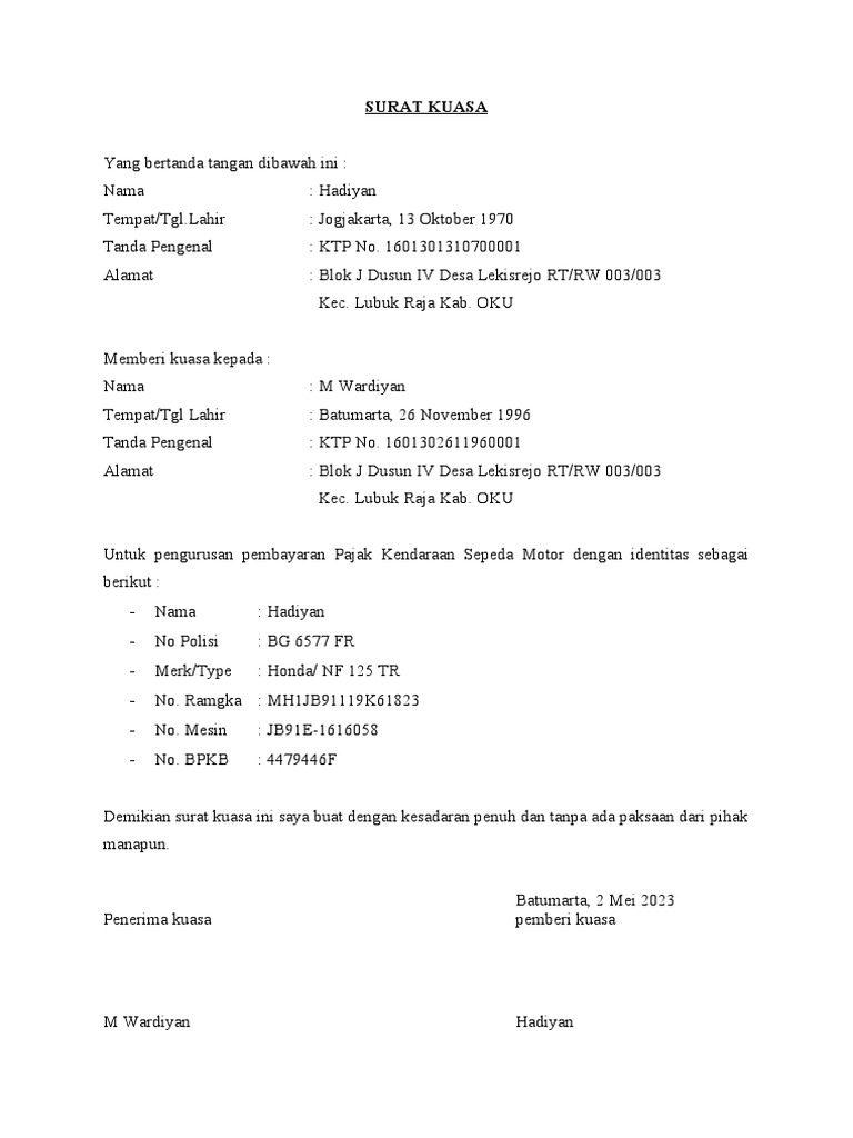 Surat Kuasa Pajak Motor | PDF Surat Kuasa Pajak Motor | PDF