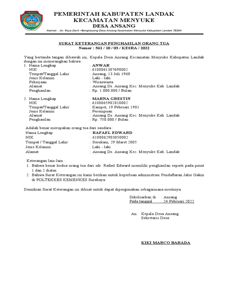 Surat Keterangan Penghasilan Orang Tua | PDF