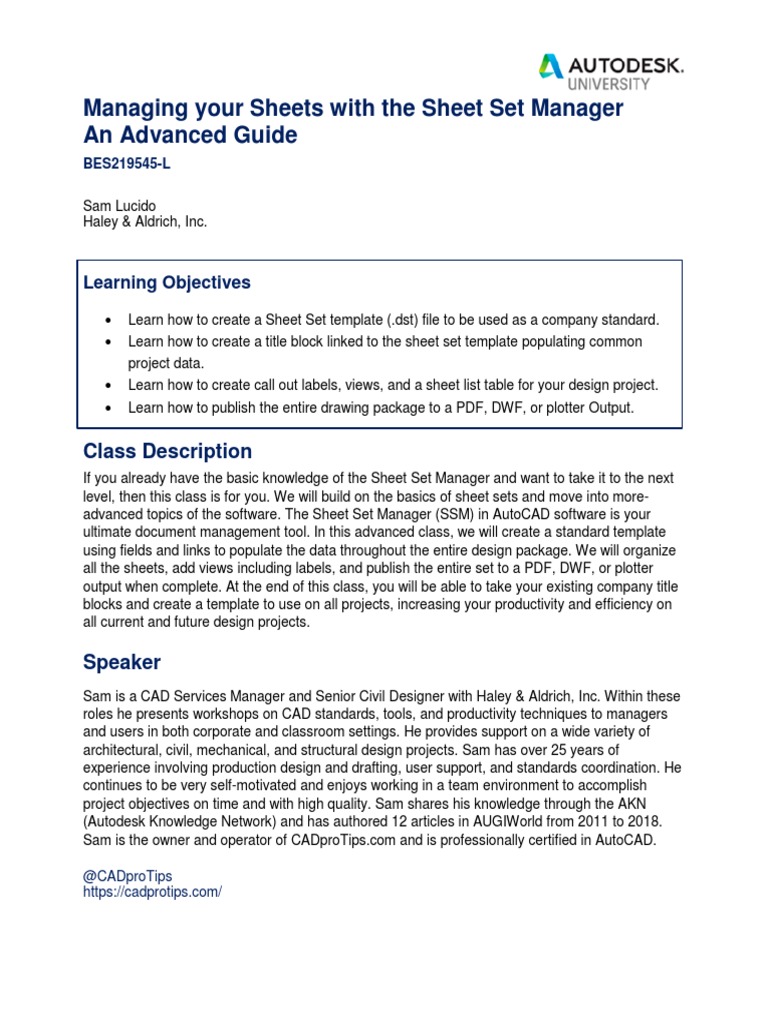 BES219585-L Class Handout BES219585L Managing Your Sheets With The Sheet Set Manager An Advanced ...
