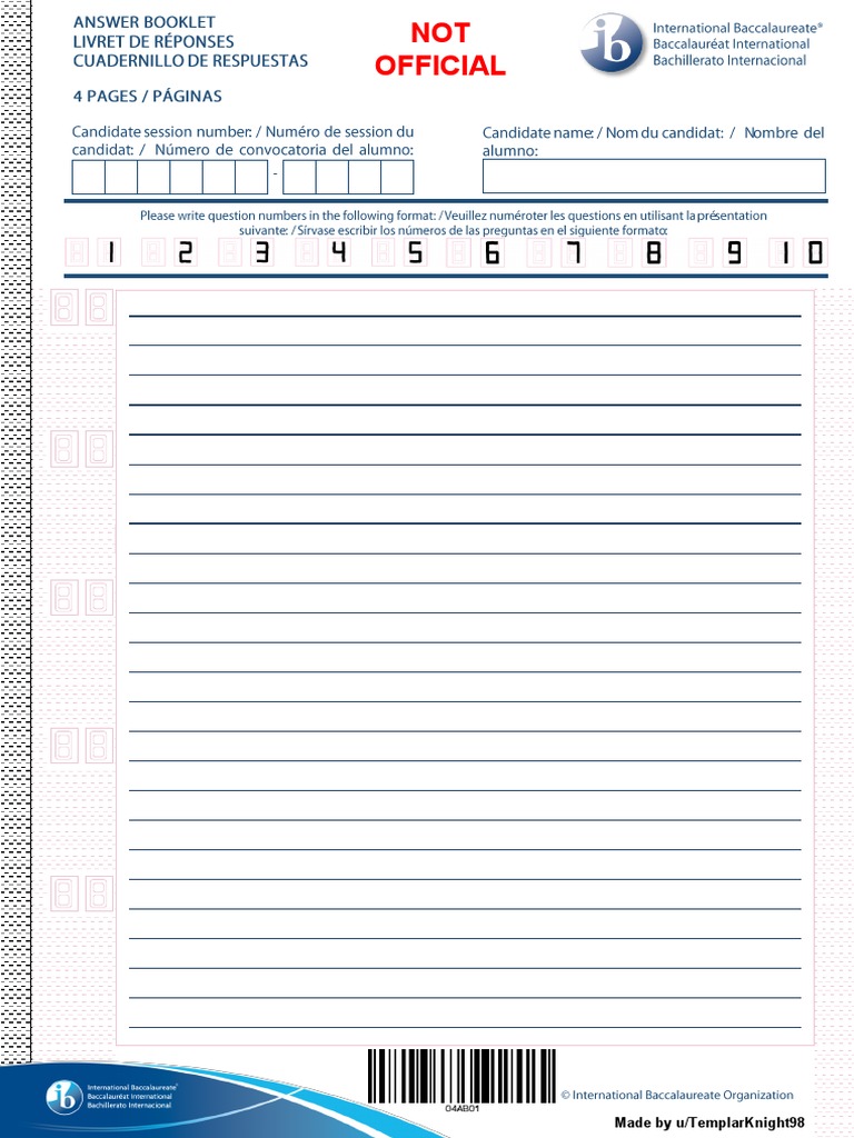 IB Answer Booklet 1 - 4 Pages | PDF