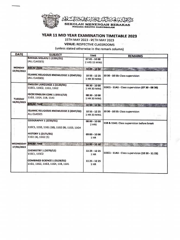 Y11 Mid Year Exam Timetable 2023 Shajw | PDF