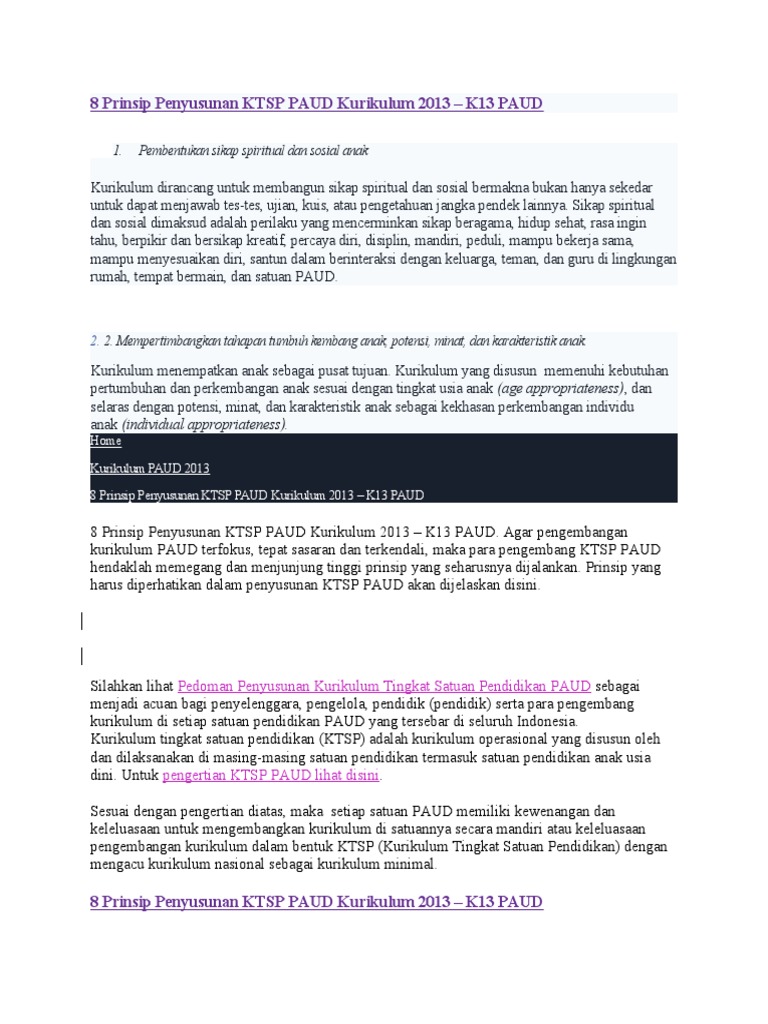 8 Prinsip Penyusunan KTSP Paud K13-2023 | PDF
