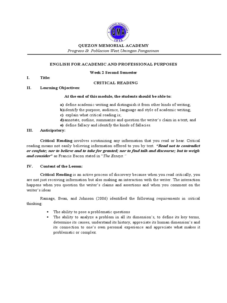 EAPP Outline Week 2 | PDF | Fallacy | Argument