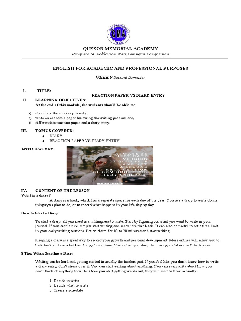 EAPP Outline Week 9 | PDF | Diary | Psychology