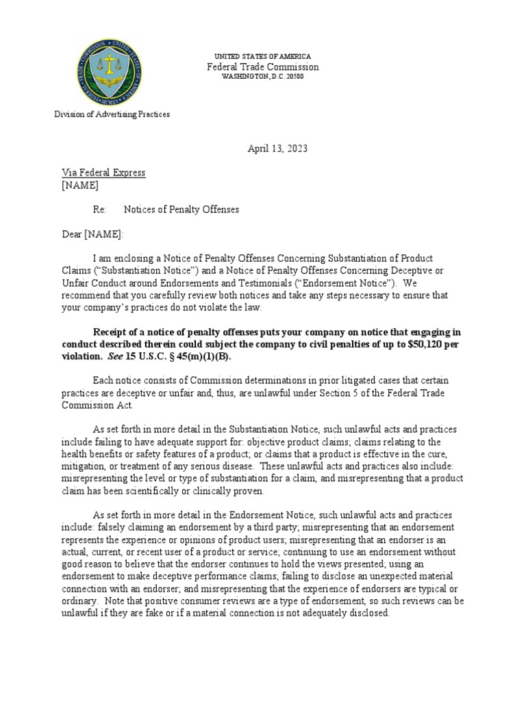 Sample_cover_letter_substantiaton_15547 | PDF | Federal Trade ...