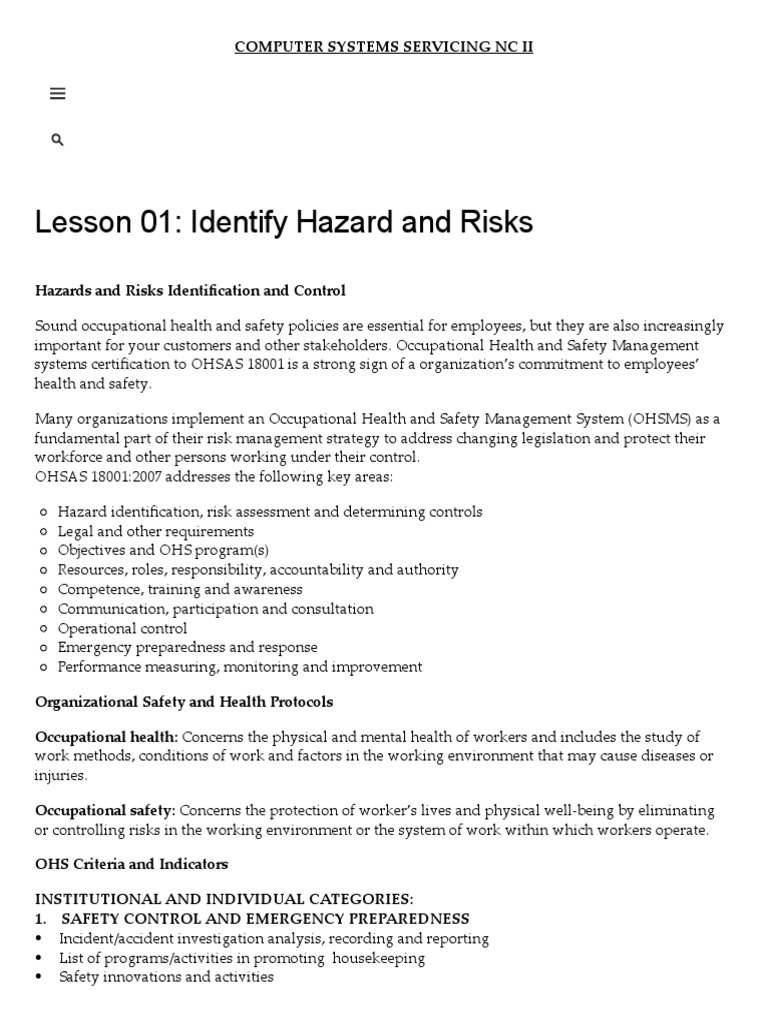 Lesson 01 - Identify Hazard and Risks - Computer Systems Servicing NC ...