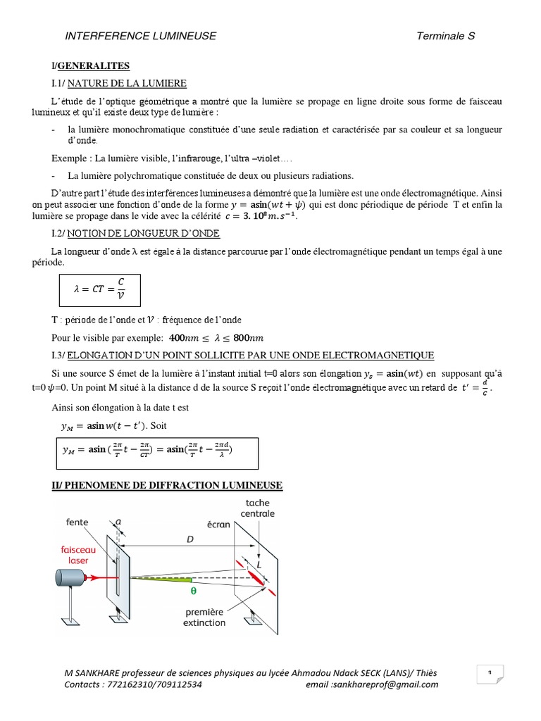 Interférences lumineuses en Terminale S | PDF | Lumière | Diffraction