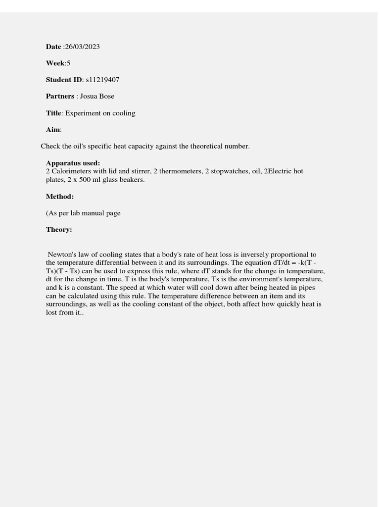 Lab 4 Experiment On Cooling | PDF | Teaching Methods & Materials