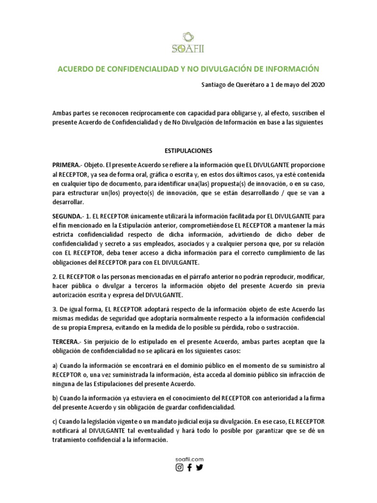 Acuerdo de Confidencialidad y No Divulgación de Información Firmado PDF ... Acuerdo de Confidencialidad y No Divulgación de Información Firmado PDF ...