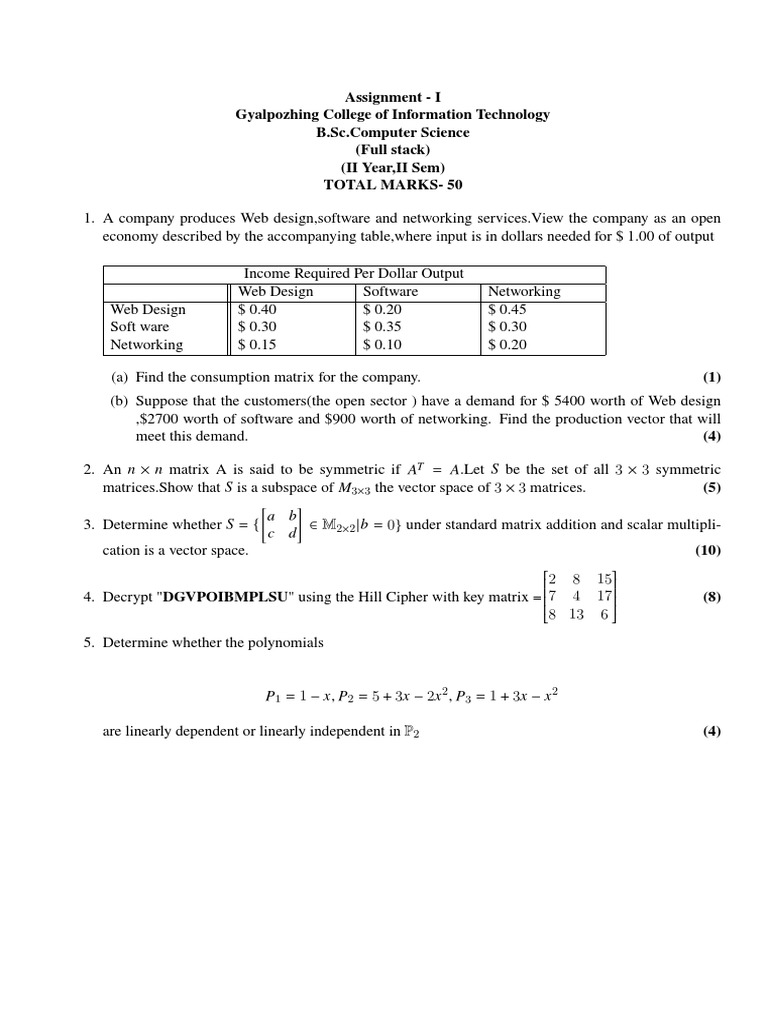 Assignment 1 | PDF | Matrix (Mathematics) | Vector Space