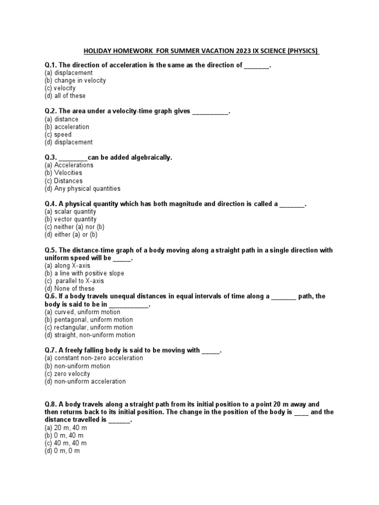 Ix Holiday HW Summer Vacation | PDF | Acceleration | Velocity
