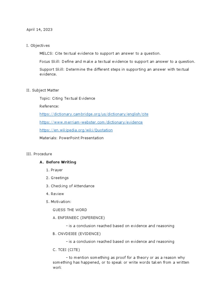 Citing Textual Evidence | Download Free PDF | Evidence | Reason