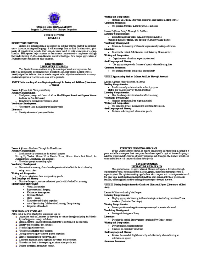 English 8 Course Outline | PDF | Reading Comprehension | Fluency