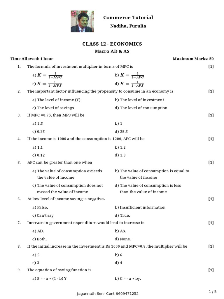 1 - AD & AS Full MCQ Question | PDF | Consumption (Economics) | Saving