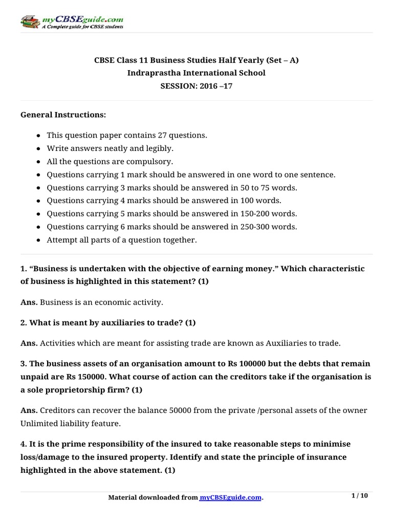 11 Usp Business Study 2016 2017 Half Yearly Set A | PDF | Insurance ...