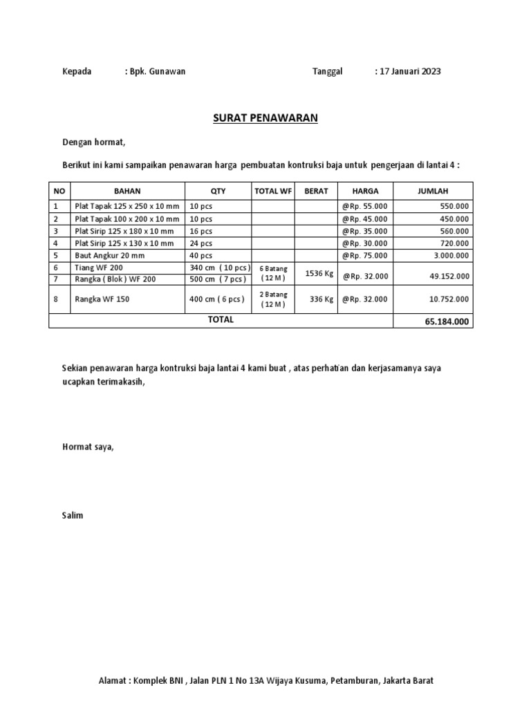 surat penawaran harga Bpk. gunawan lt. 4.docx | PDF