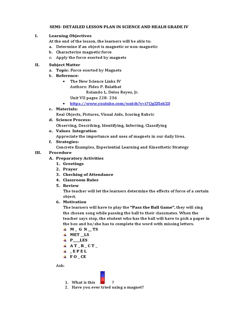 Lesson Plan About Force Exerted by Magnets | PDF