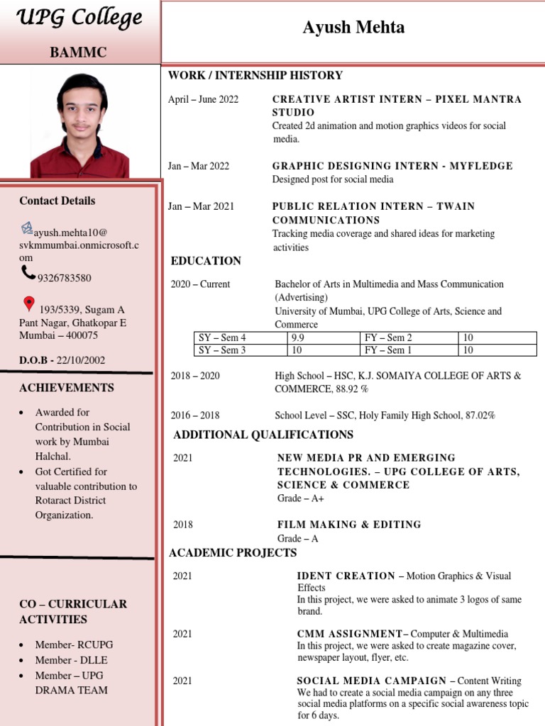 Ayush Mehta's Resume Highlighting His Work and Academic Experience in ... Ayush Mehta's Resume Highlighting His Work and Academic Experience in ...