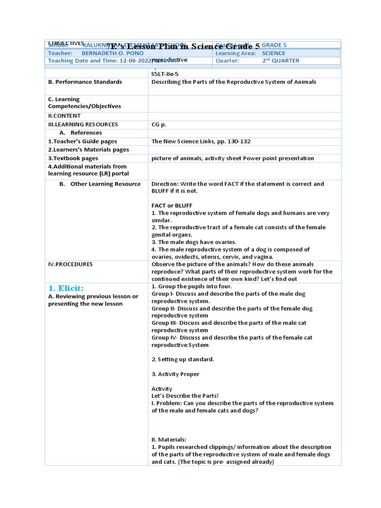 7Es-LP For COT | PDF | Reproductive System | Reproduction
